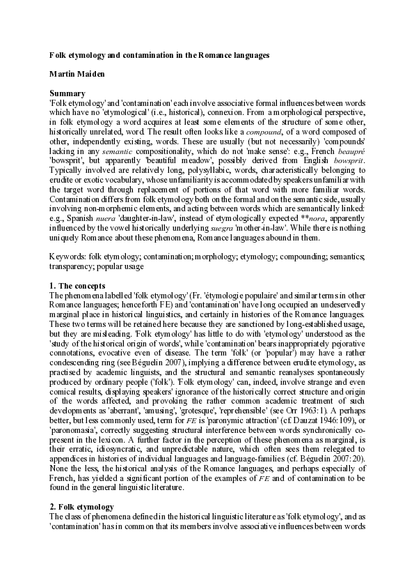 (PDF) Folk Etymology and Contamination in the Romance Languages