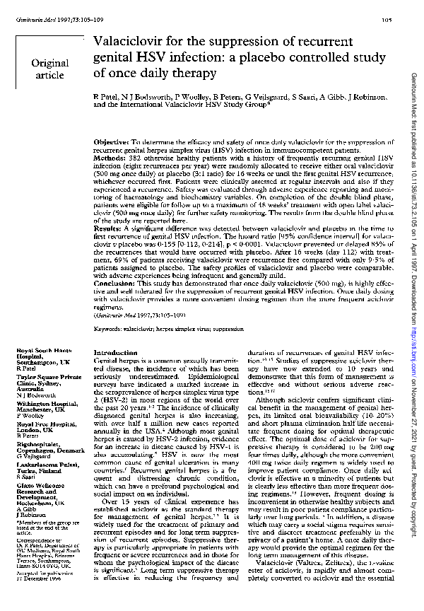 (PDF) Valaciclovir for the Suppression of Recurrent Genital HSV Infection