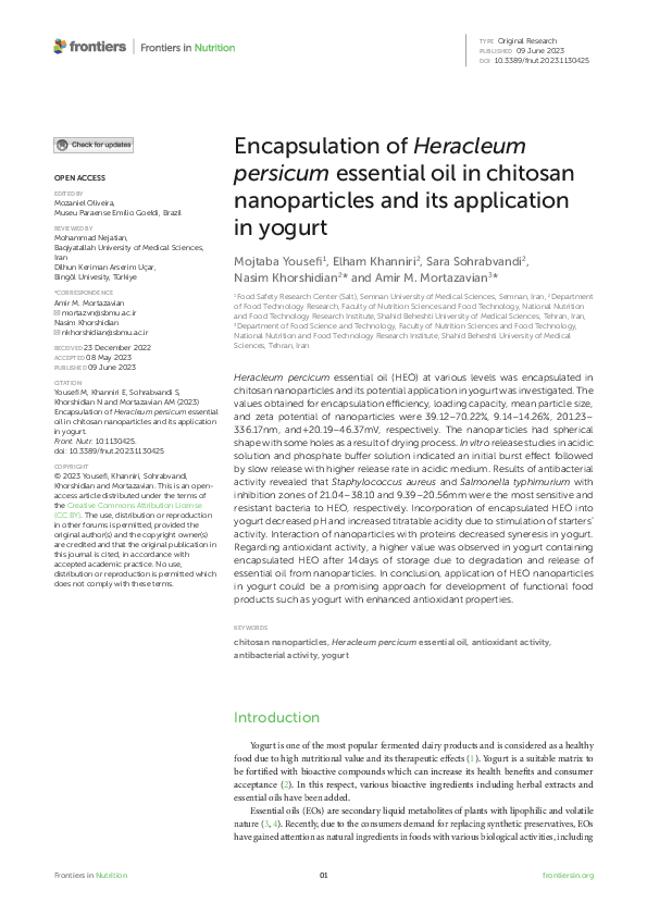 (PDF) Encapsulation of Heracleum persicum essential oil in chitosan ...