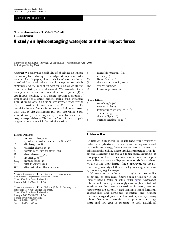 (PDF) A study on hydroentangling waterjets and their impact forces