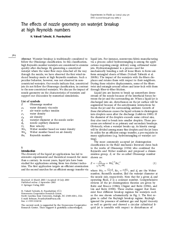 (PDF) The effects of nozzle geometry on waterjet breakup at high Reynolds numbers