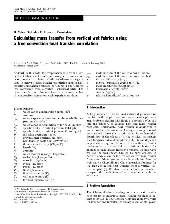 (PDF) Calculating mass transfer from vertical wet fabrics using a free ...