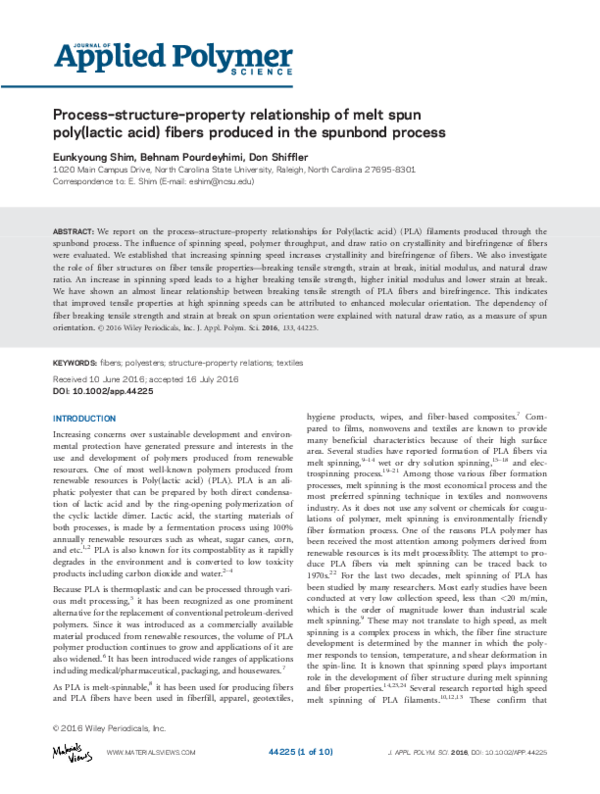 (PDF) Process-structure-property relationship of melt spun poly(lactic ...