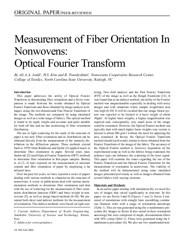 (PDF) Measurement of Fiber Orientation in Nonwovens: Optical Fourier Transform