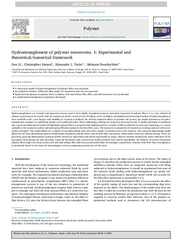 (PDF) Hydroentanglement of polymer nonwovens. 1: Experimental and ...
