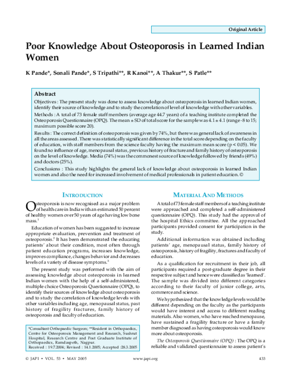 (PDF) Poor knowledge about osteoporosis in learned Indian women