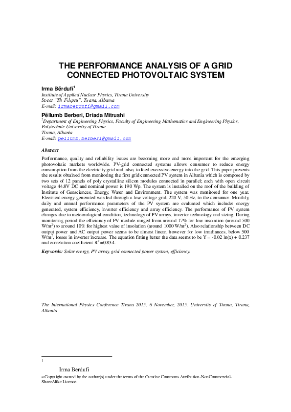 (PDF) THE PERFORMANCE ANALYSIS OF A GRID CONNECTED PHOTOVOLTAIC SYSTEM
