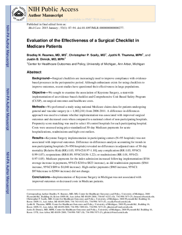 (PDF) Evaluation of the Effectiveness of a Surgical Checklist in Medicare Patients