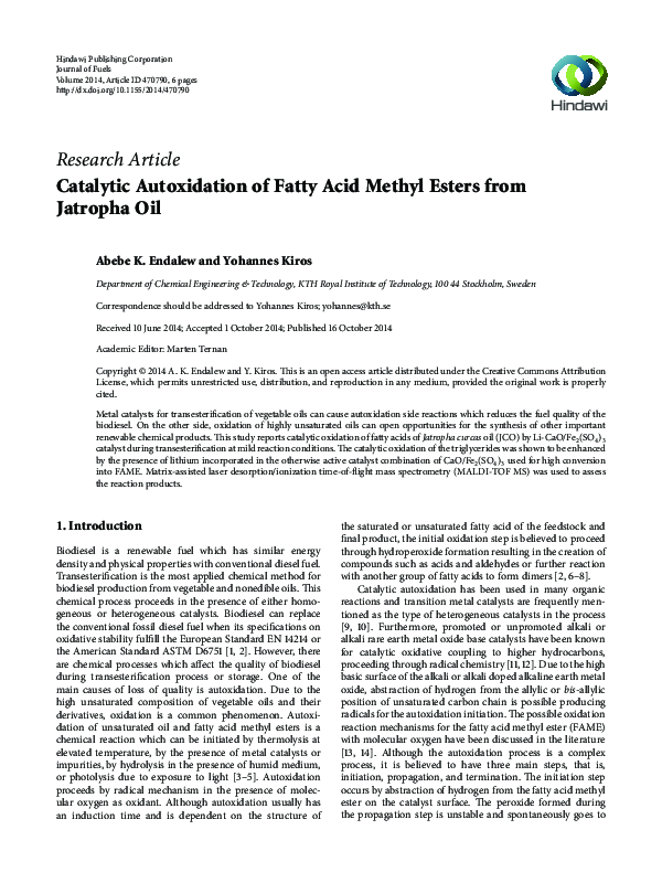 (PDF) Catalytic Autoxidation of Fatty Acid Methyl Esters from Jatropha Oil