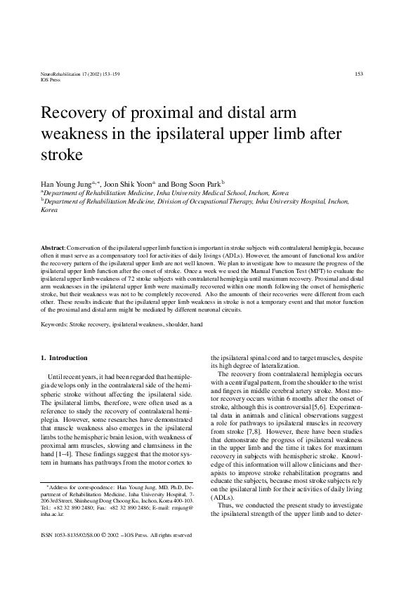 (PDF) Recovery of proximal and distal arm weakness in the ipsilateral ...