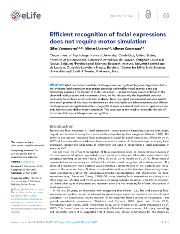 (PDF) Efficient recognition of facial expressions does not require motor simulation