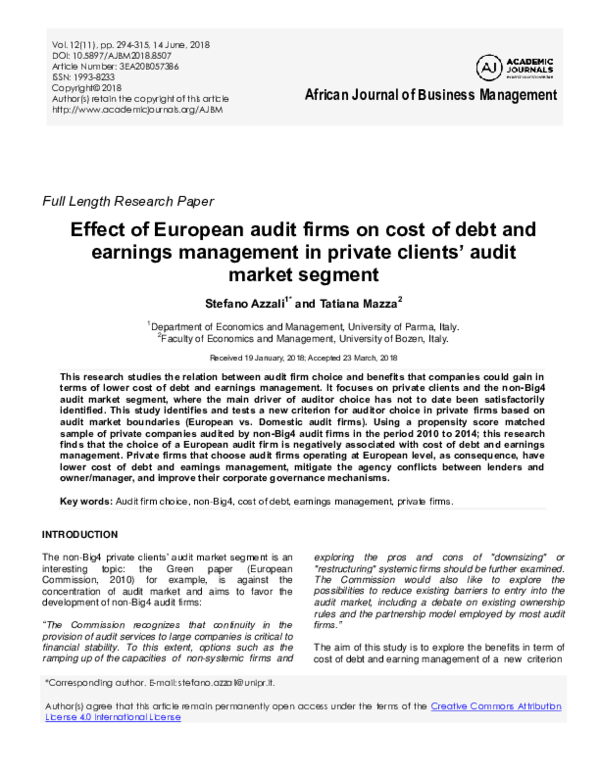 (PDF) Effect of European audit firms on cost of debt and earnings ...