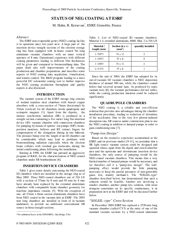 (PDF) Status of NEG Coating at ESRF