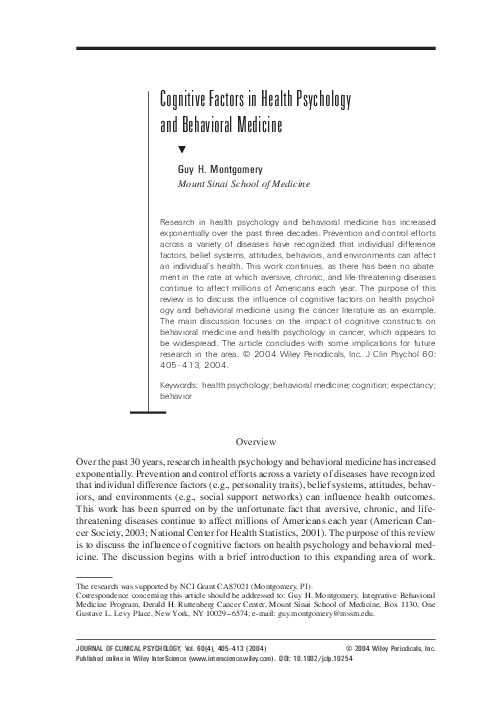 (PDF) Cognitive factors in health psychology and behavioral medicine