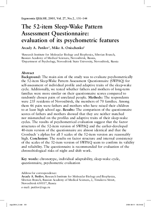 (PDF) The 52-item Sleep-Wake Pattern Assessment Questionnaire ...