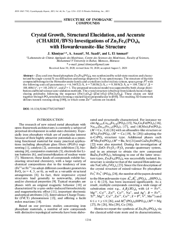 (PDF) Crystal Growth, Structural Elucidation, and Accurate (CHARDI/BVS) Investigations of Zn3Fe4 ...