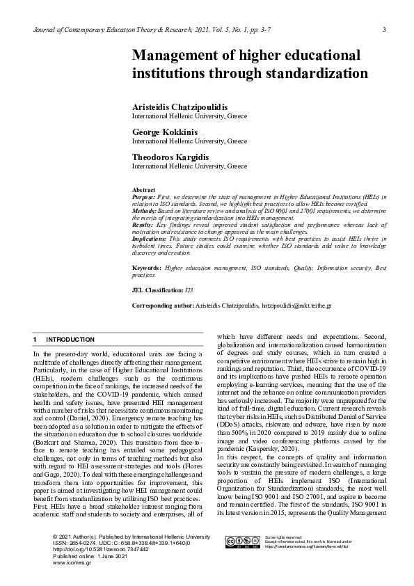 (PDF) Management of higher educational institutions through standardization