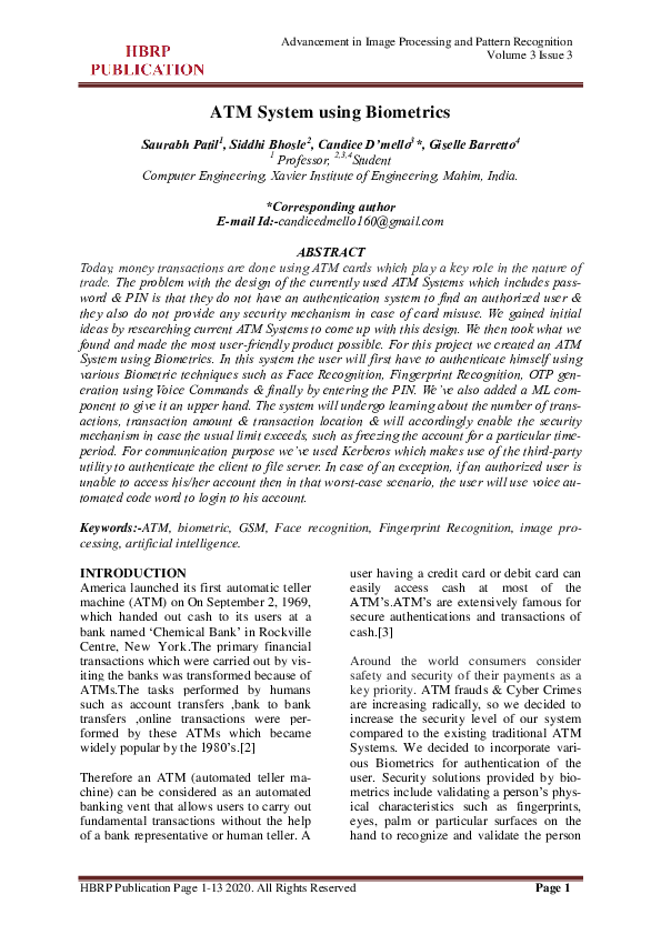 Pdf Atm System Using Biometrics