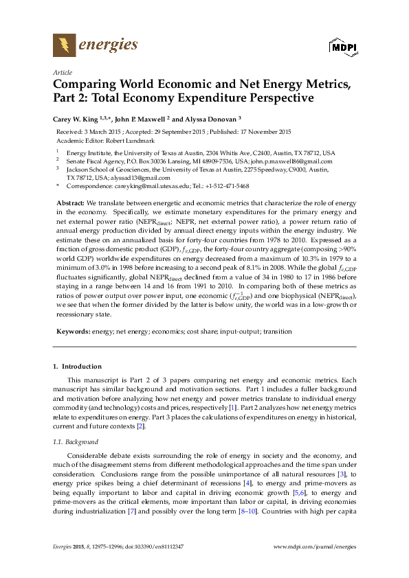 (PDF) Comparing World Economic and Net Energy Metrics, Part 2: Total ...