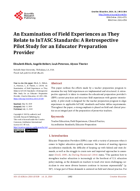 (PDF) An Examination of Field Experiences as They Relate to InTASC Standards: A Retrospective ...