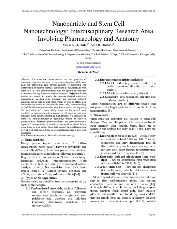(PDF) Nanoparticle and Stem Cell Nanotechnology: Interdisciplinary Research Area Involving ...