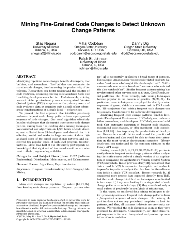 (PDF) Mining fine-grained code changes to detect unknown change patterns