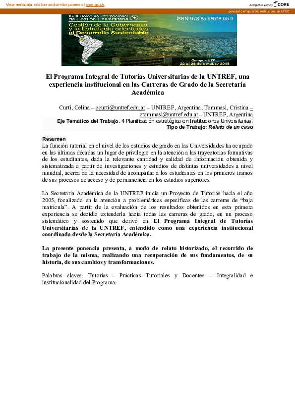 (PDF) El Programa Integral de Tutorías Universitarias de la UNTREF, una experiencia ...
