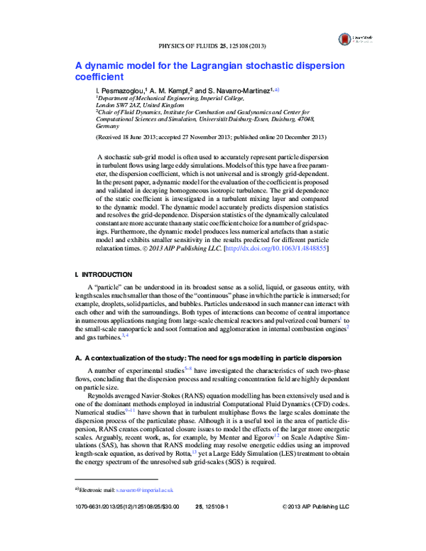 (PDF) A dynamic model for the Lagrangian stochastic dispersion coefficient