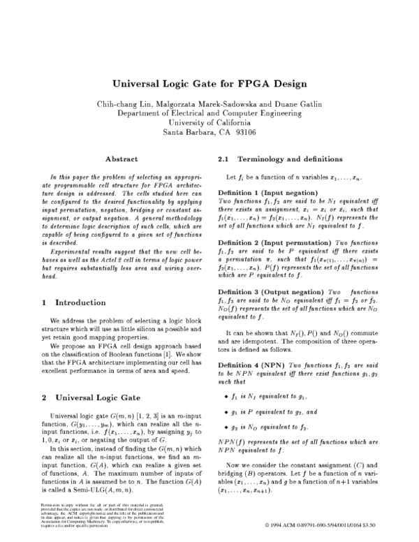 (PDF) Universal logic gate for FPGA design