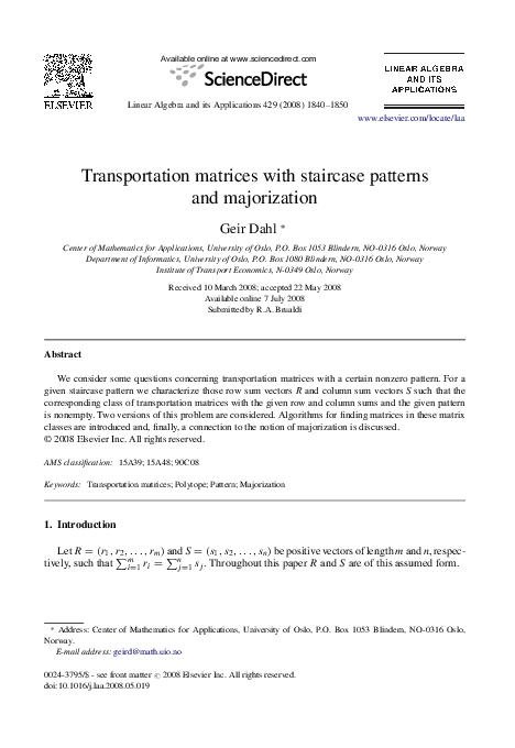 (PDF) Transportation matrices with staircase patterns and majorization