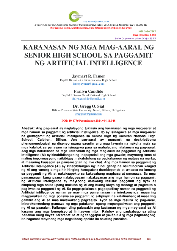 (PDF) KARANASAN NG MGA MAG-AARAL NG SENIOR HIGH SCHOOL SA PAGGAMIT NG ARTIFICIAL INTELLIGENCE