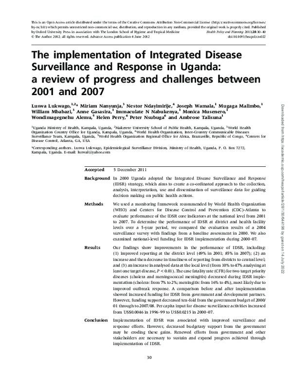 (PDF) The implementation of Integrated Disease Surveillance and Response in Uganda: a review of ...