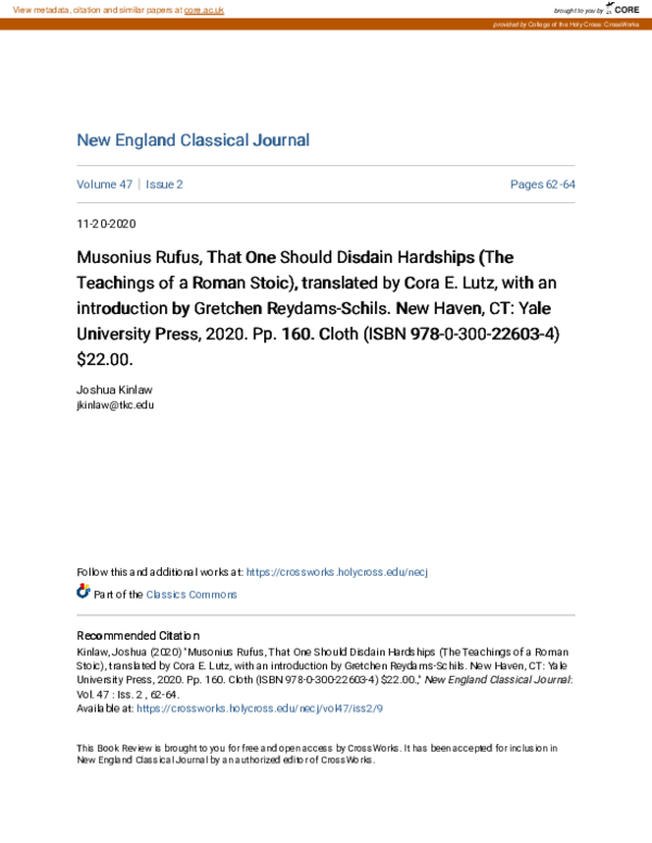 (PDF) Musonius Rufus, That One Should Disdain Hardships (The Teachings ...
