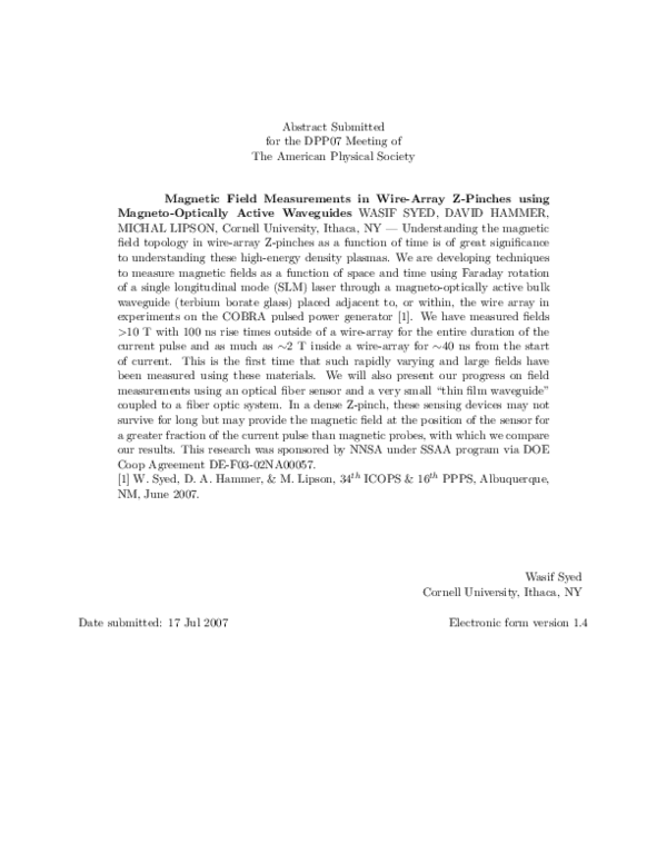 (PDF) Magnetic Field Measurements in Wire-Array Z-Pinches Using ...