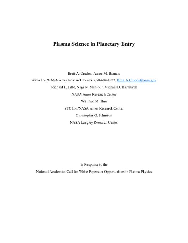 (PDF) Plasma Science in Planetary Entry
