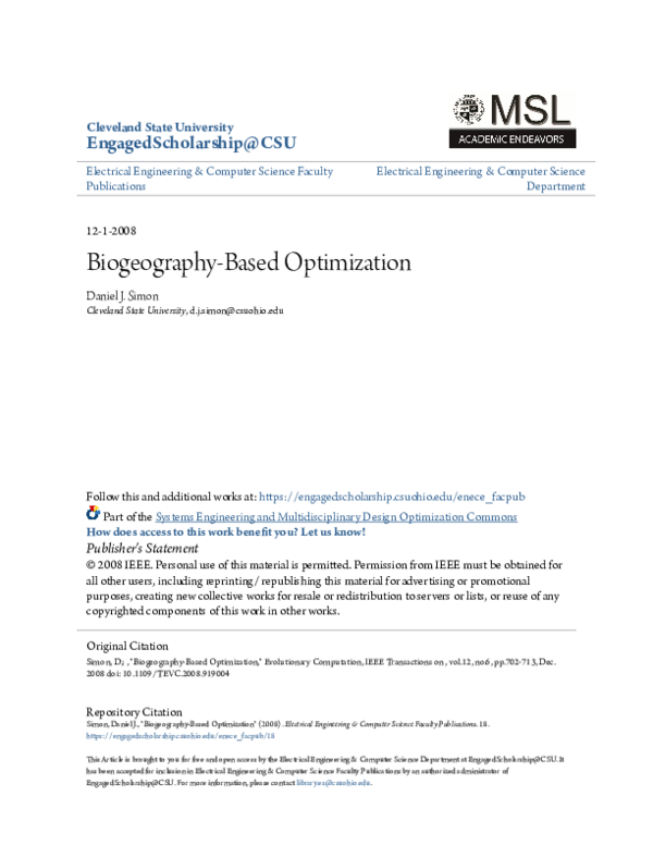 (PDF) Biogeography-Based Optimization