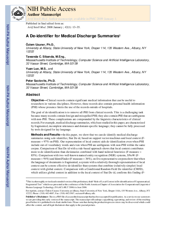 (PDF) A de-identifier for medical discharge summaries