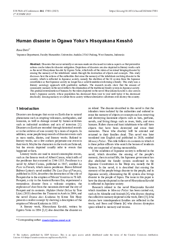 (PDF) Human disaster in Ogawa Yoko’s Hisoyakana Kesshō | Rima Devi ...