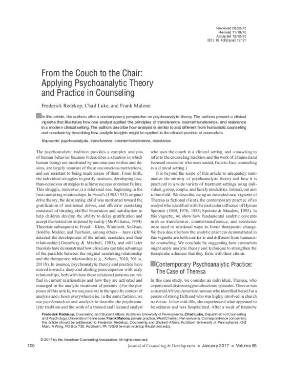 (PDF) From the Couch to the Chair: Applying Psychoanalytic Theory and ...