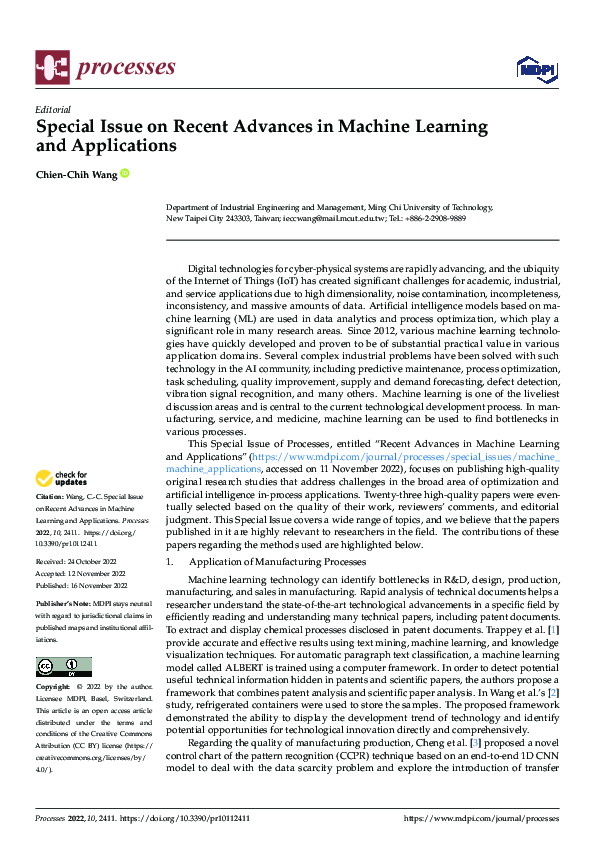 (PDF) Special Issue on Recent Advances in Machine Learning and Applications