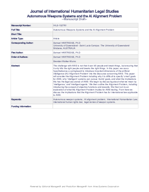 (PDF) Autonomous Weapons Systems and the AI Alignment Problem