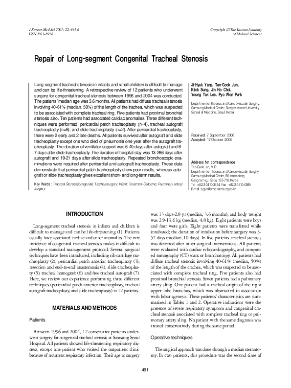 (PDF) Repair of Long-segment Congenital Tracheal Stenosis