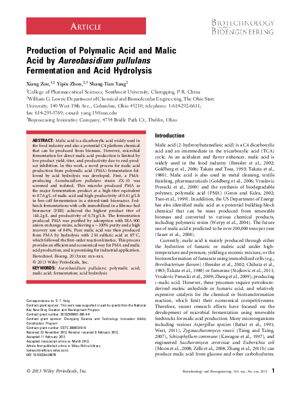 (PDF) Production of polymalic acid and malic acid byAureobasidium ...