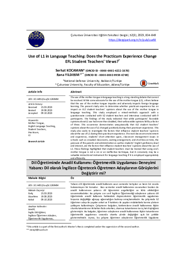 (PDF) Use of L1 in Language Teaching: Does the Practicum Experience Change EFL Student Teachers ...