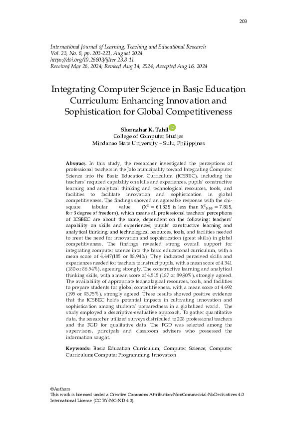 (PDF) Integrating Computer Science in Basic Education Curriculum: Enhancing Innovation and ...