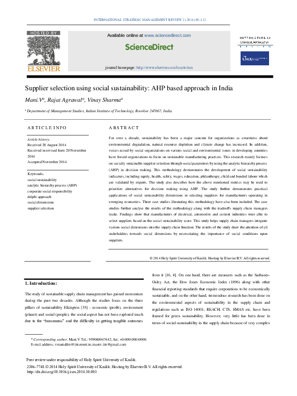 (PDF) Supplier selection using social sustainability: AHP based ... (PDF) Supplier selection using social sustainability: AHP based ...