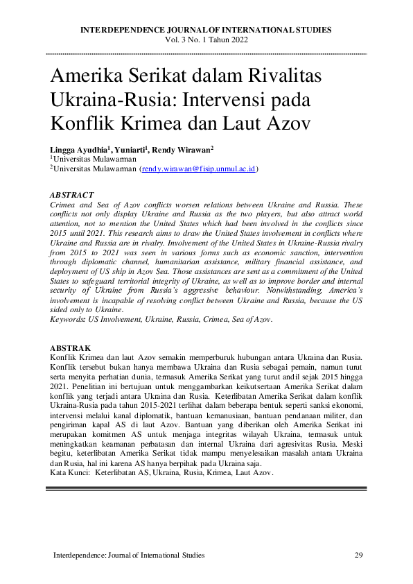 (PDF) Amerika Serikat dalam Rivalitas Ukraina-Rusia: Intervensi pada Konflik Krimea dan Laut Azov
