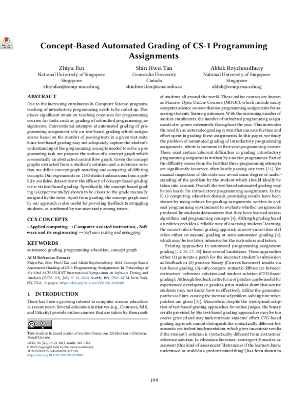 (PDF) Concept-Based Automated Grading of CS-1 Programming Assignments | Shin Hwei Tan - Academia.edu