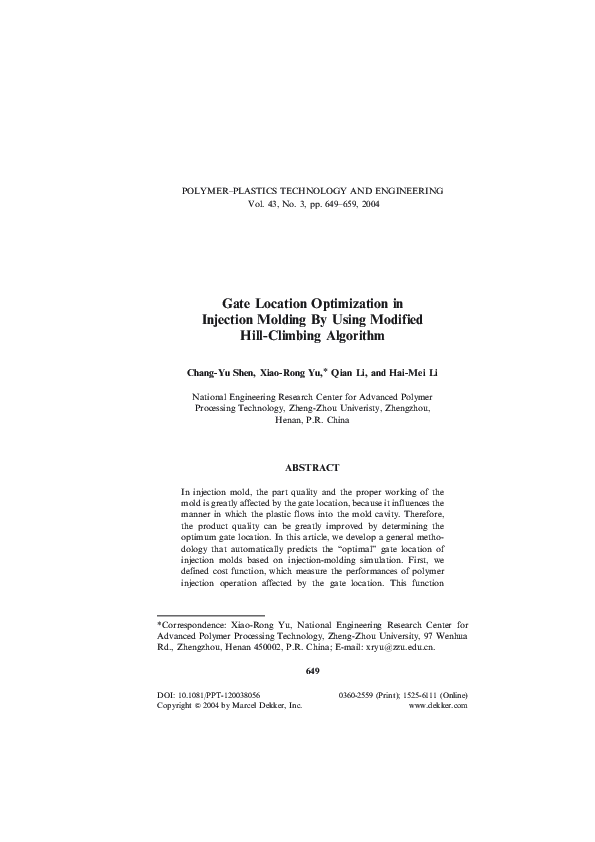 (PDF) Gate Location Optimization in Injection Molding By Using Modified Hill-Climbing Algorithm
