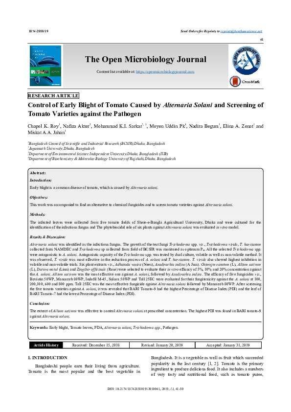 (PDF) Control of Early Blight of Tomato Caused by Alternaria Solani and ...